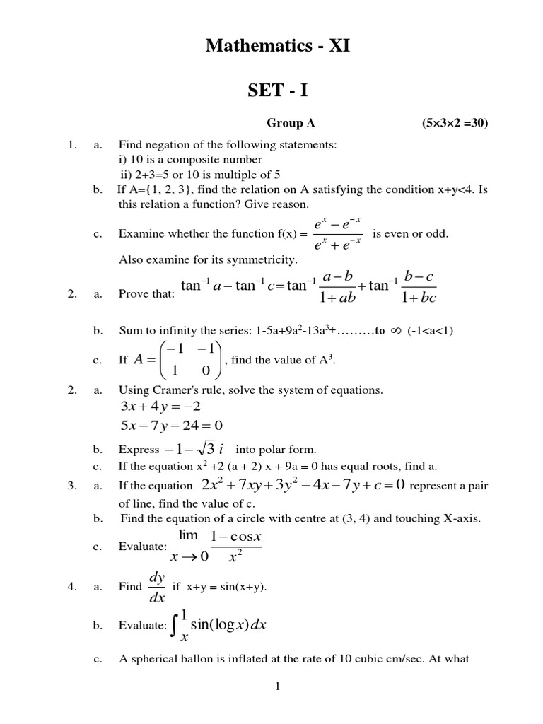 5 Set Model Question - Mathematics (116) - Sci XI - UGHSS | PDF ...