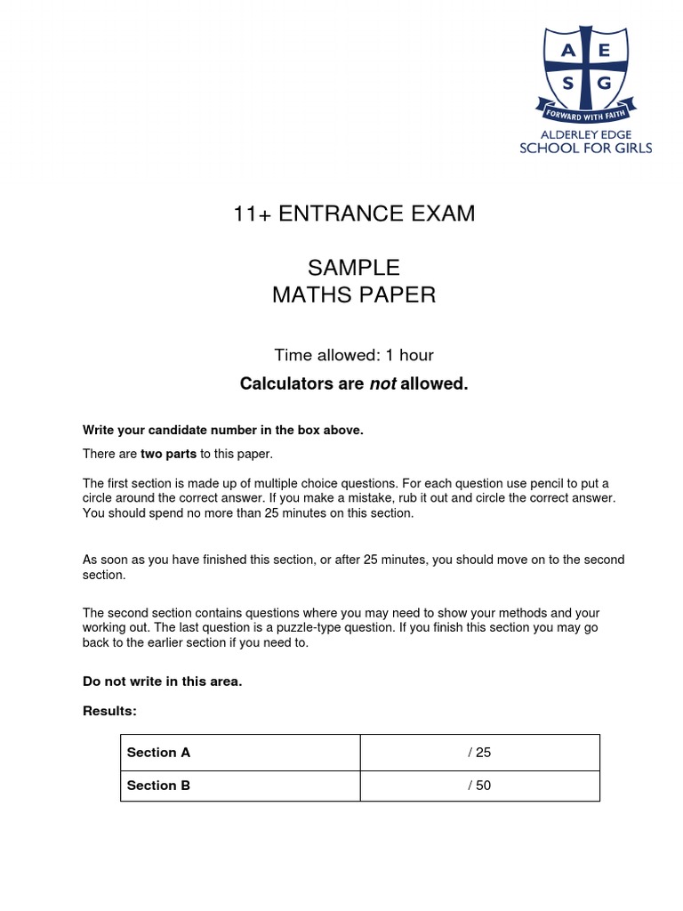 11+ Entrance Exam Sample Maths Paper: Calculators Are Not Allowed | PDF ...