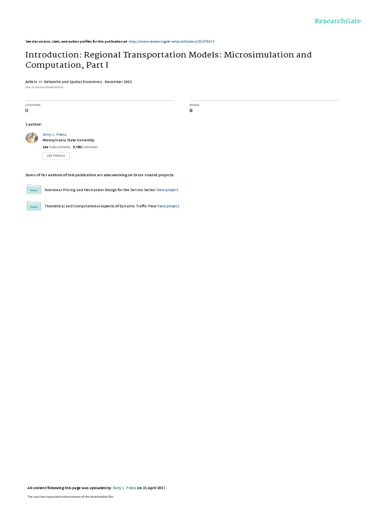 Introduction: Regional Transportation Models: Microsimulation and Computation, Part I | PDF
