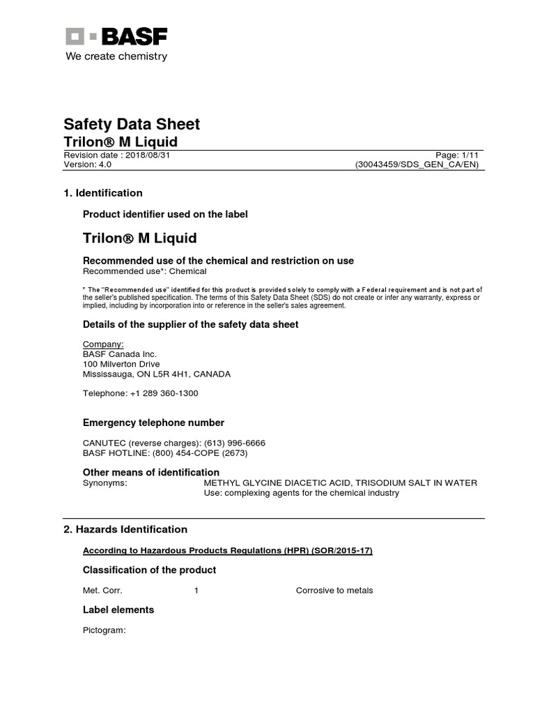 MSDS Trilon M Liquid | PDF | Toxicity | Personal Protective Equipment
