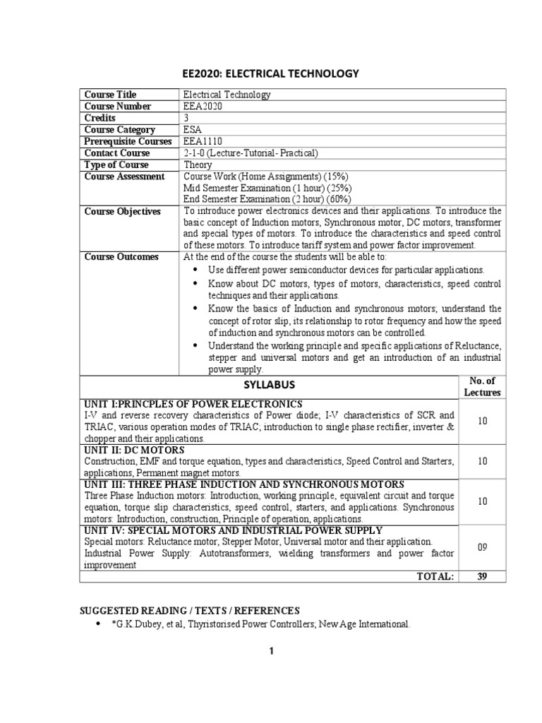 Ee2020: Electrical Technology | PDF | Electric Motor | Power Electronics