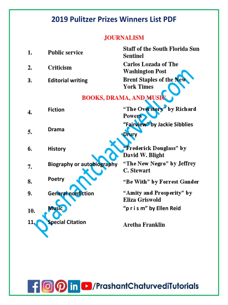 2019 Pulitzer Prize Winners List | PDF