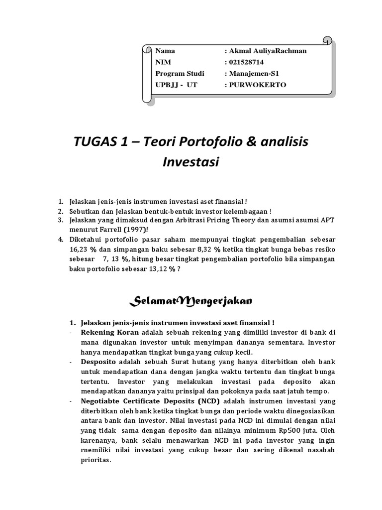 TUGAS 1-Teori Portofolio & Analisis Investasi | PDF