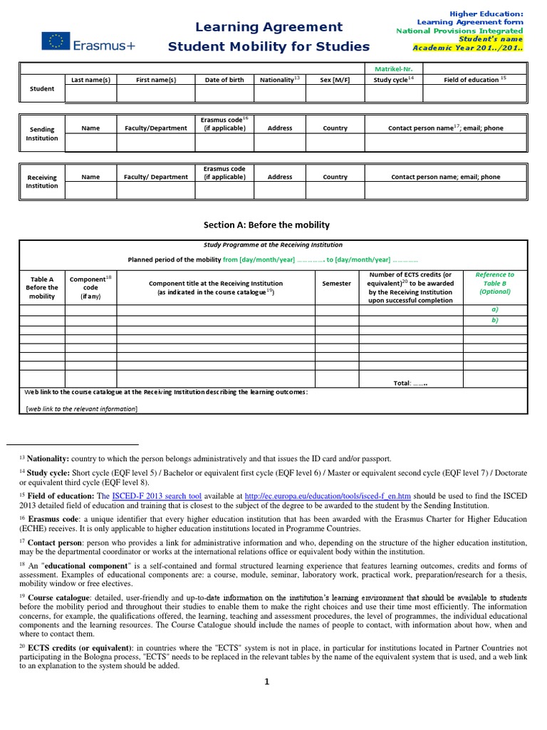 Erasmus Learning Agreement SektionA | PDF | Academic Degree | Master's ...