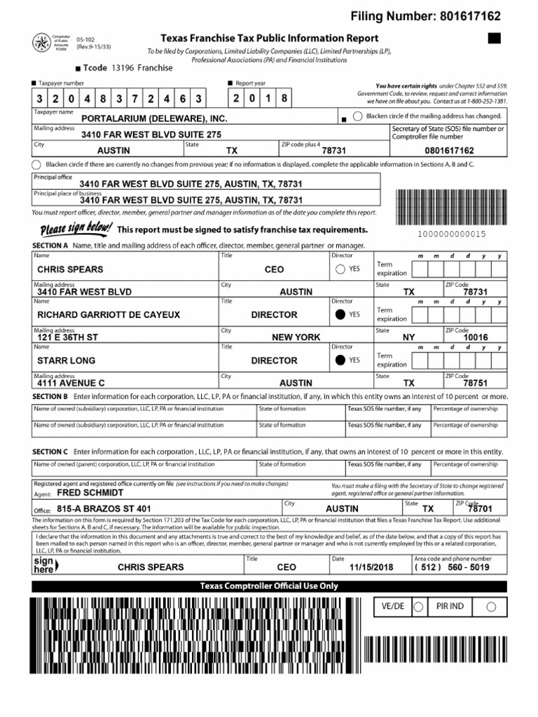 PORTALARIUM Texas Franchise Tax Public Information Report - 11-15-2018