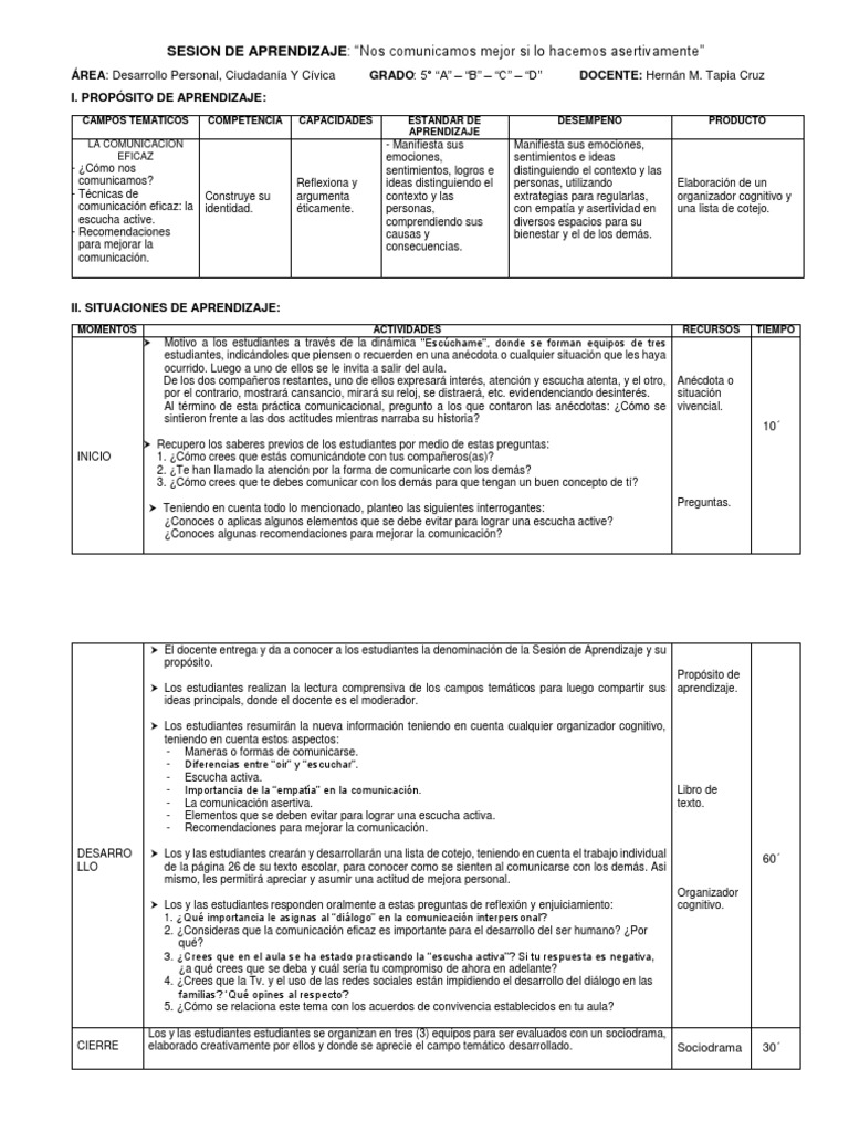 Sesion de Aprendizaje DPCC 5°-2019 | PDF | Empatía | Aprendizaje