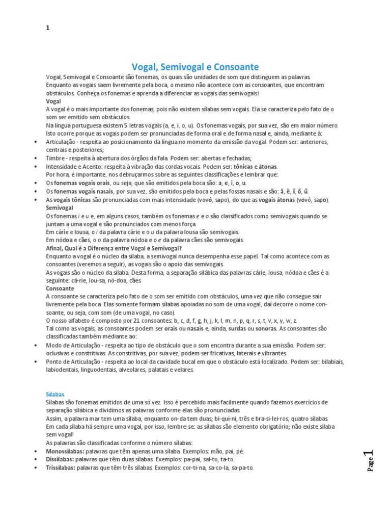 Vogais, Semivogais, Consoantes e Classificação de Sílabas | PDF ...
