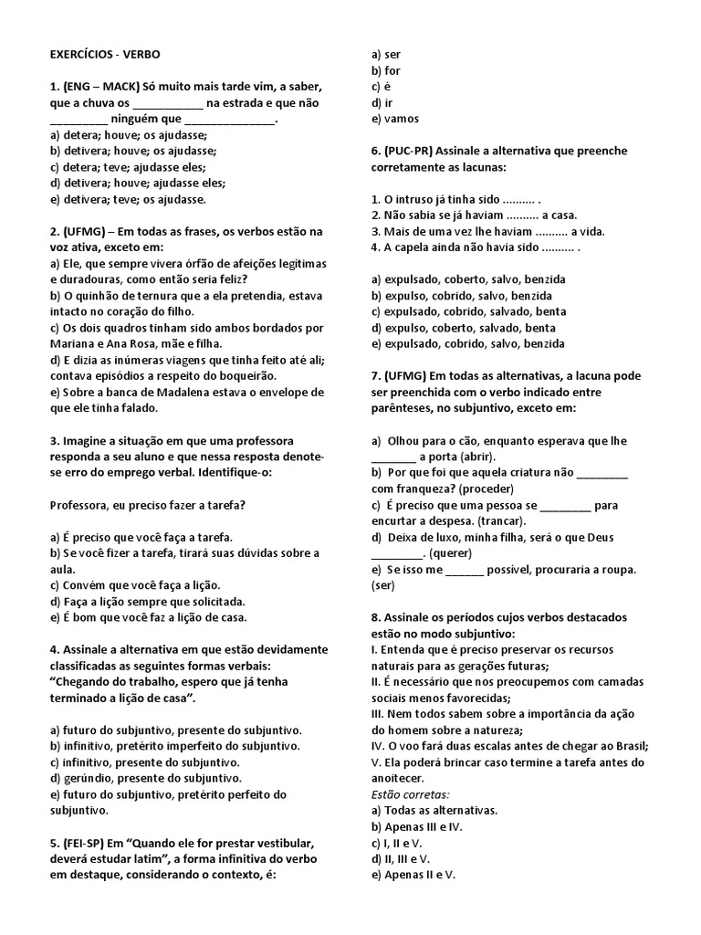 Exercício Verbos | PDF | Linguística | Gramática