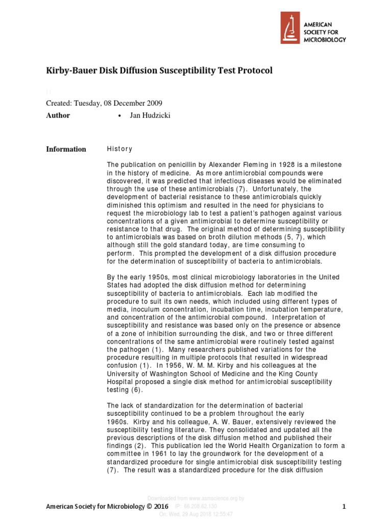 Kirby Bauer Disk Diffusion Susceptibility Test Protocol PDF | PDF ...