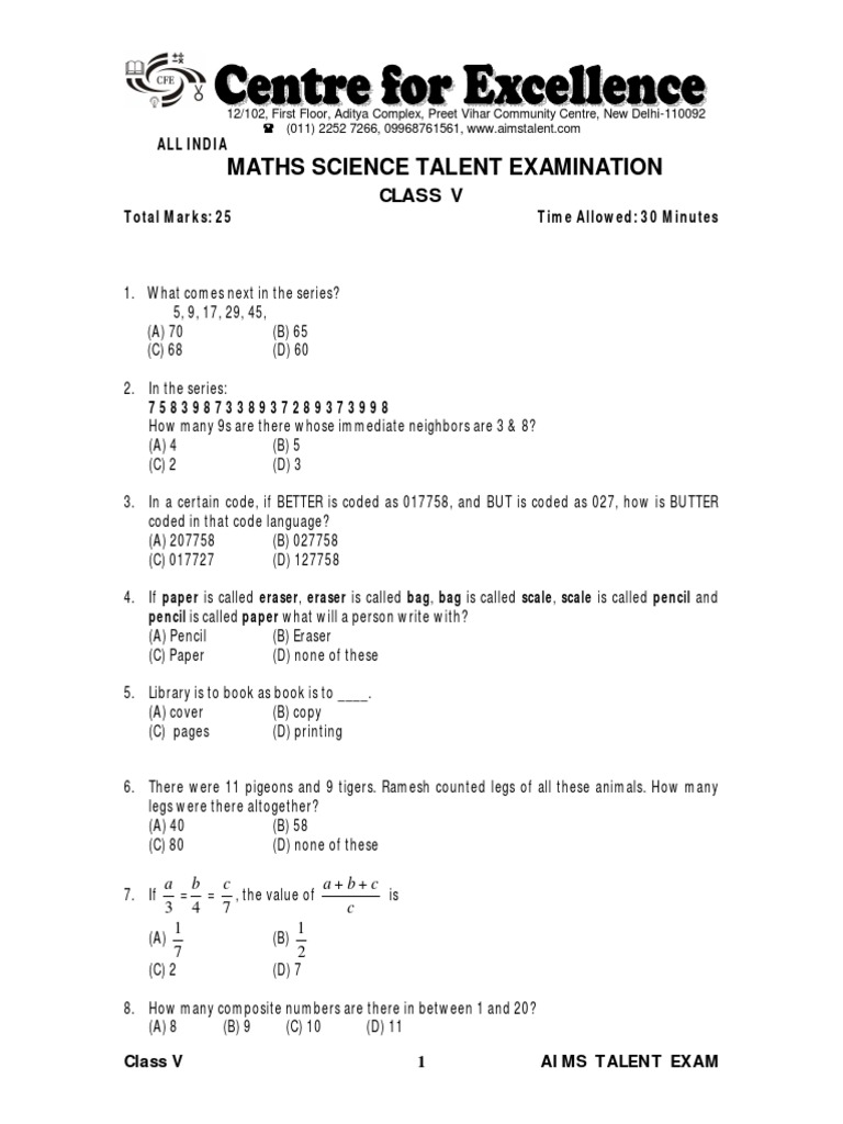 Maths Science Talent Examination: Class V | PDF | Nature