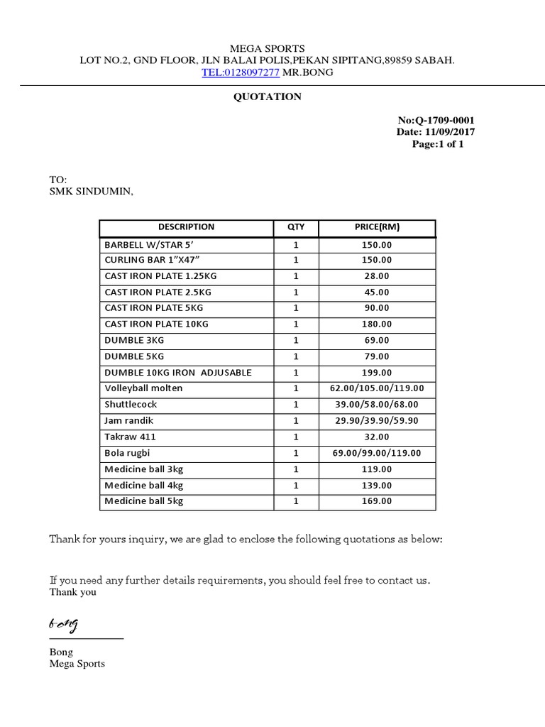 Mega Sports Quotation for SMK Sindumin | PDF