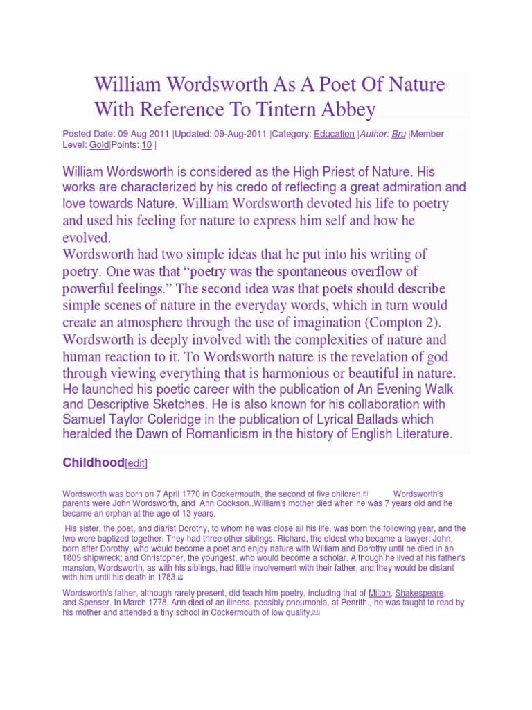 William Wordsworth As A Poet of Nature With Reference To Tintern Abbey ...
