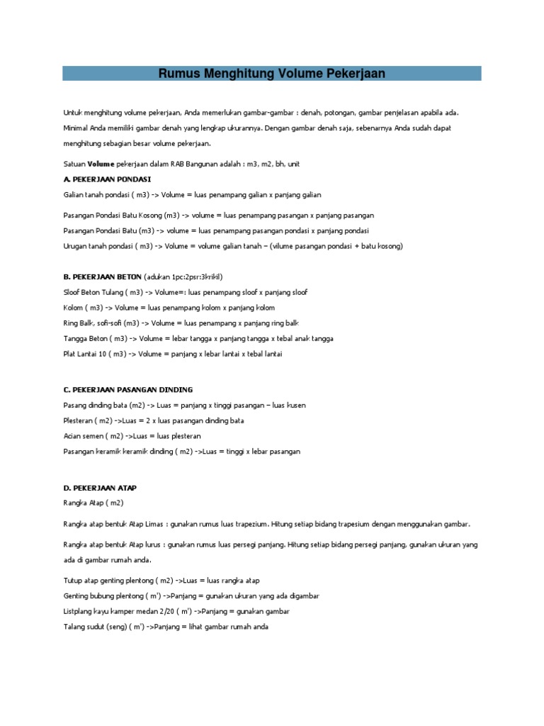 Rumus Volume Pekerjaan Konstruksi | PDF | Metode & Bahan Ajar