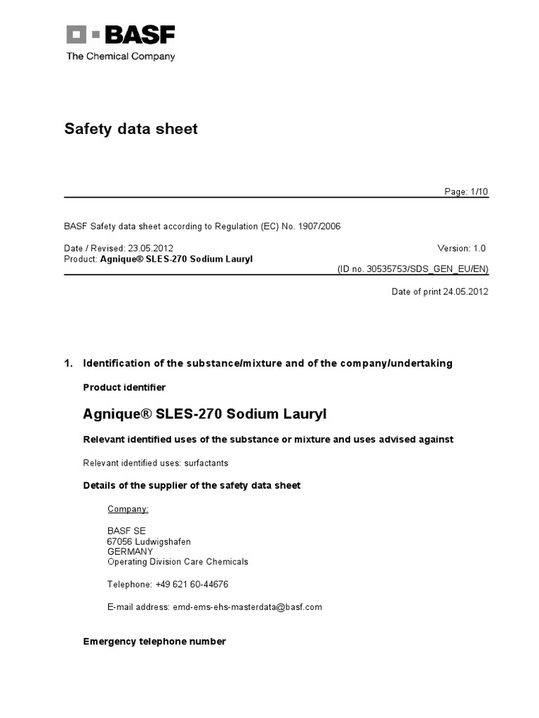 MSDS-Agnique SLES 270 | PDF | Toxicity | Occupational Safety And Health