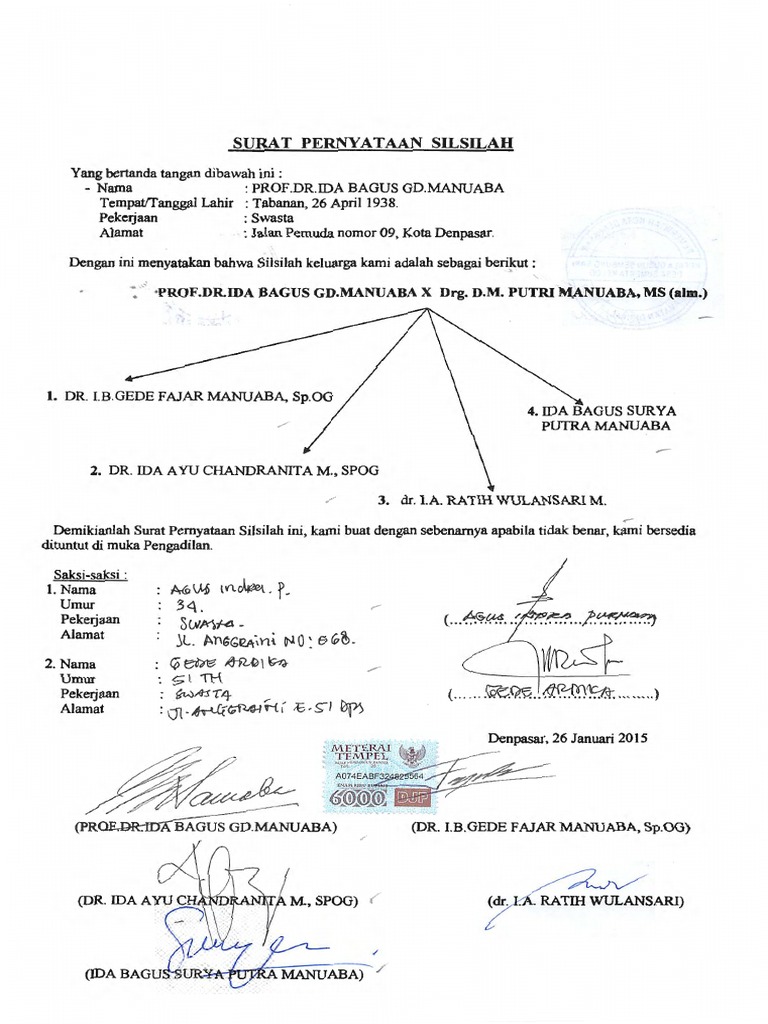 Surat Pernyataan Silsilah Keluarga Tahun 2015 Prof DR IBG Manuaba | PDF