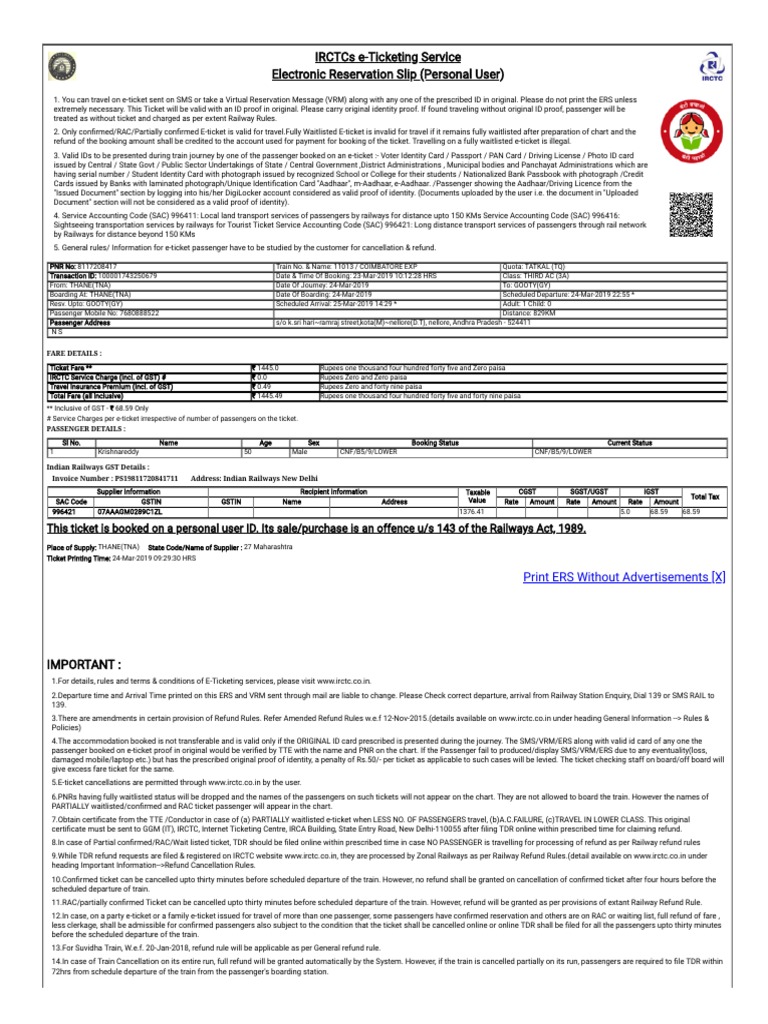 Train Ticket PDF | PDF | Identity Document | Ticket (Admission)