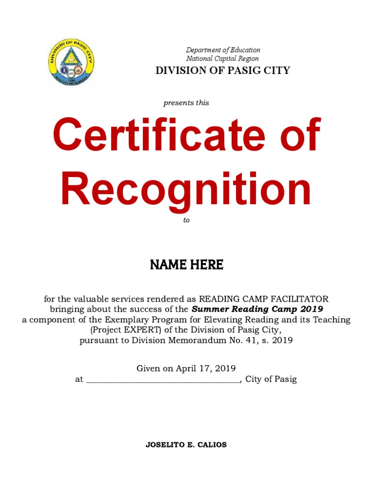 Summer Reading Camp Recognition Certificate | PDF