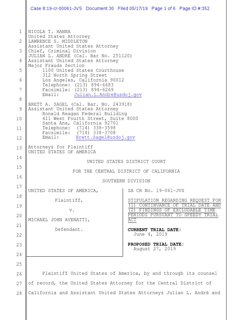 Us v. Avenatti Stipulation To Continue Trial Date | PDF | Continuance ...
