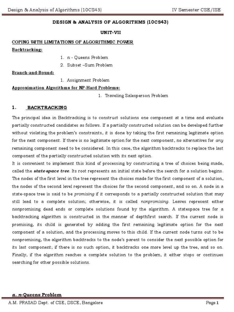 Design And Analysis Of Algorithms 10cs43 Unit Vii Coping With Limitations Of Algorithmic Power