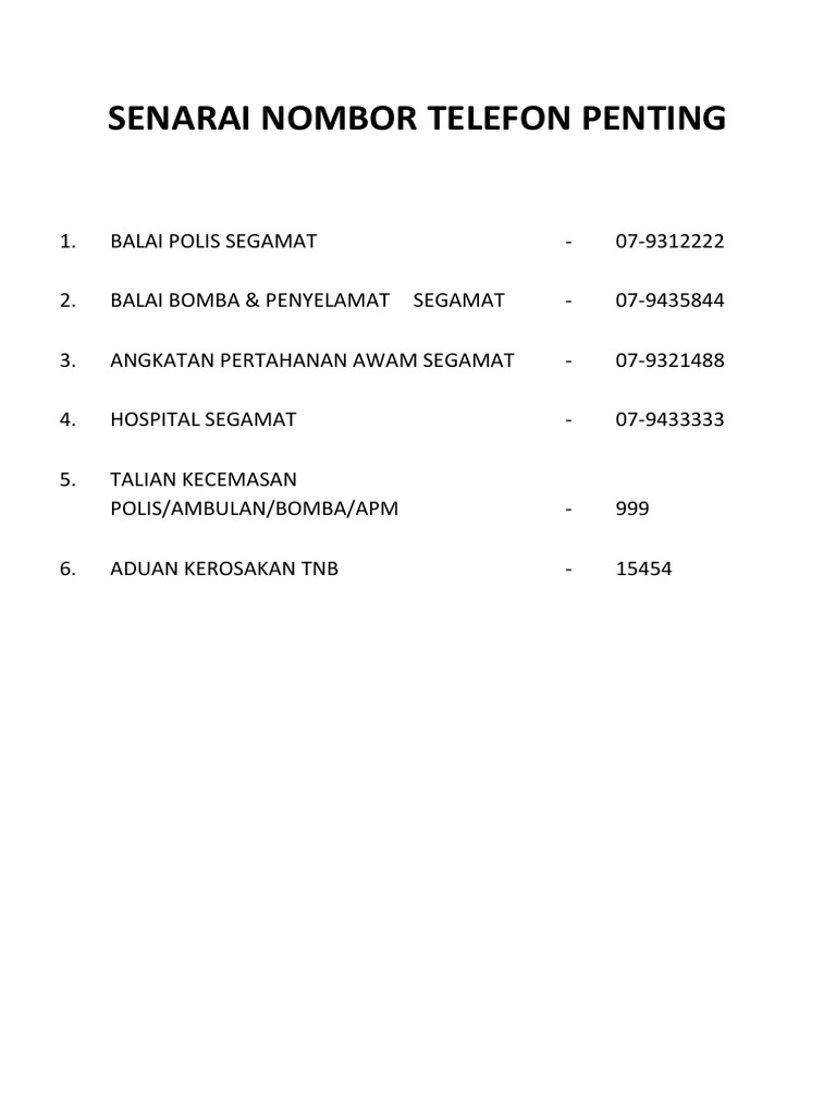 Senarai Nombor Telefon Penting | PDF