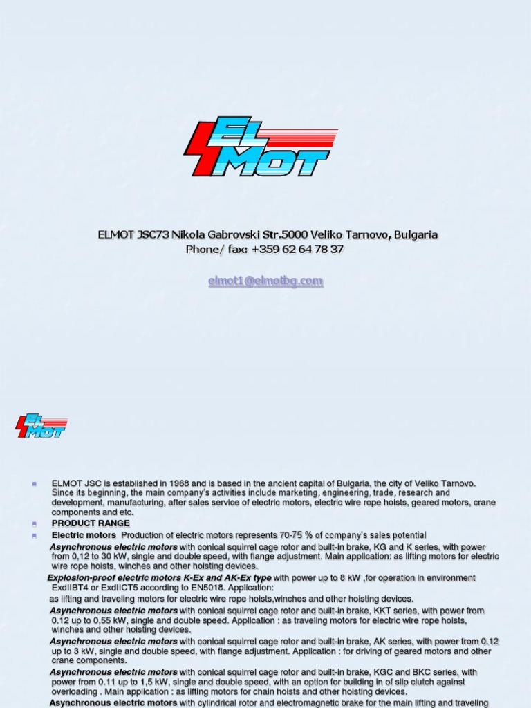 ELMOT Presentation | PDF | Electric Motor | Crane (Machine)
