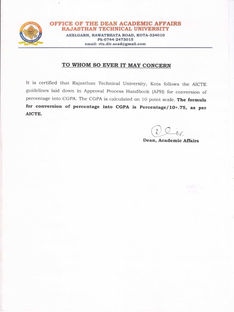 Certificate For Conversion of Percentage Into CGPA PDF | PDF