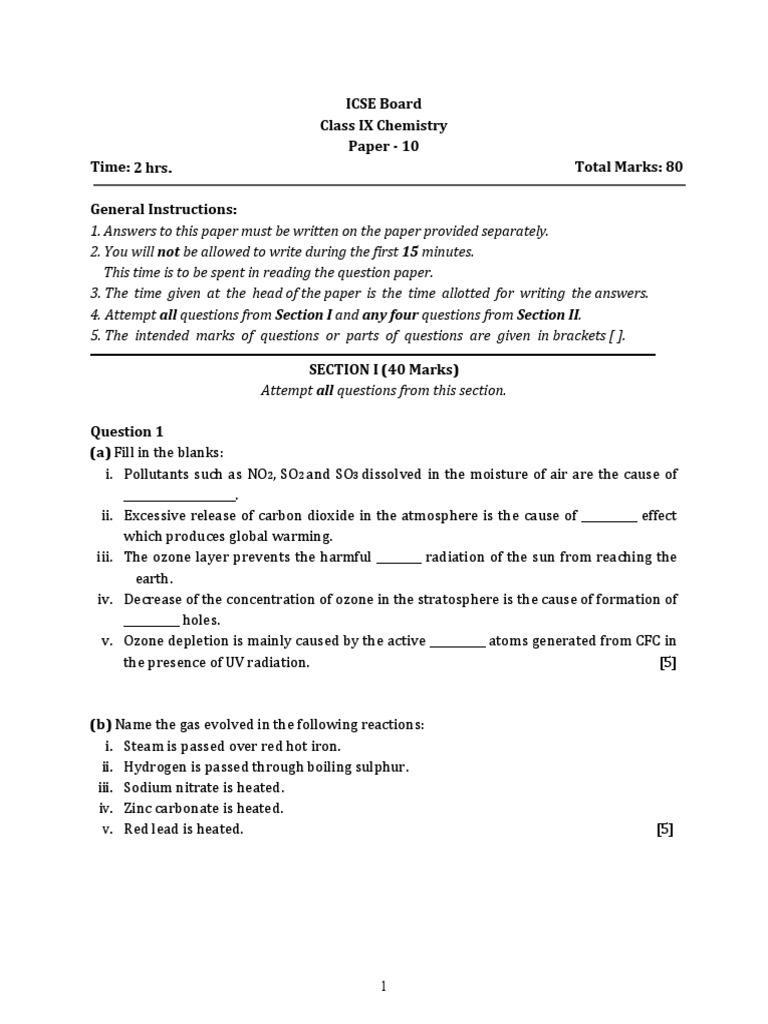 Chemistry 9 Icse Sample Paper 10 | PDF | Chemical Elements | Periodic Table