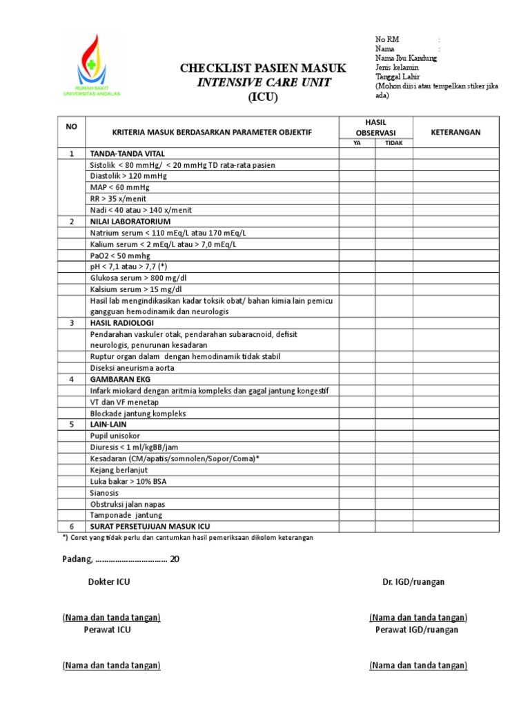 Form Checklist Pasien Masuk Icu | PDF