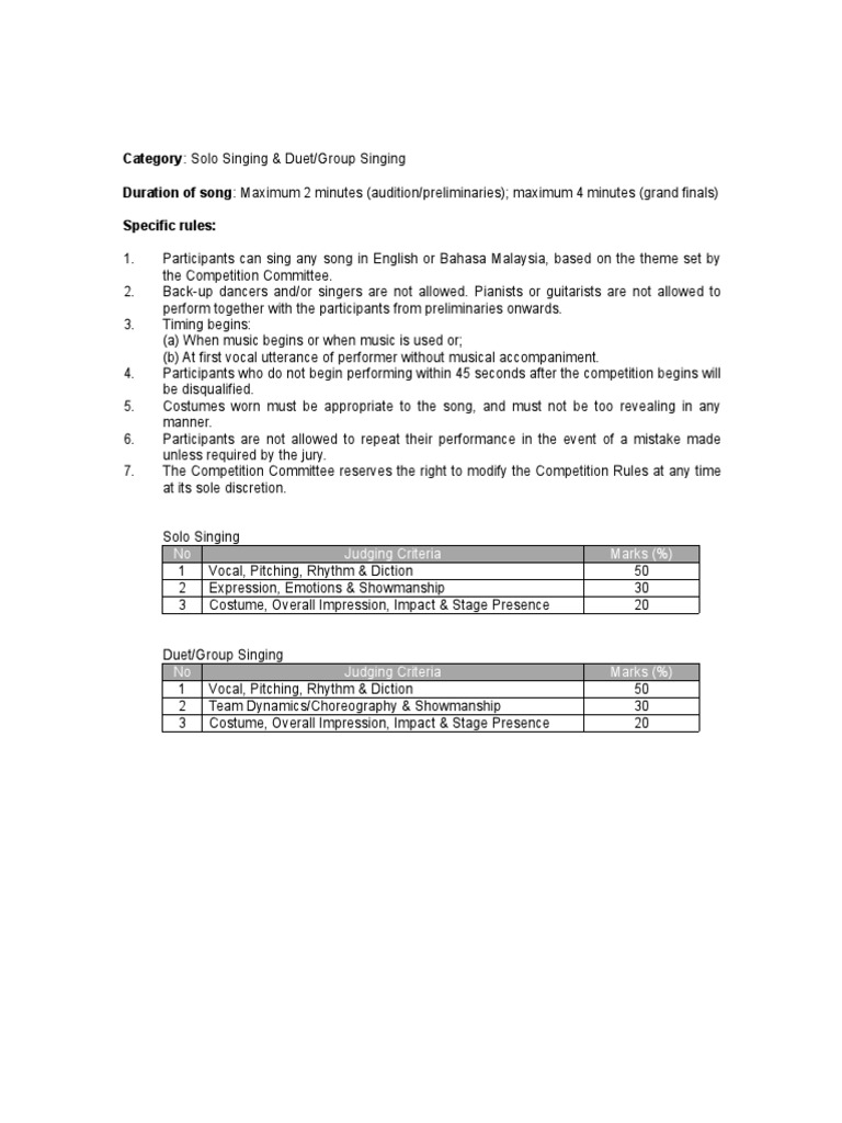 Singing Competition Rules & Criteria | PDF