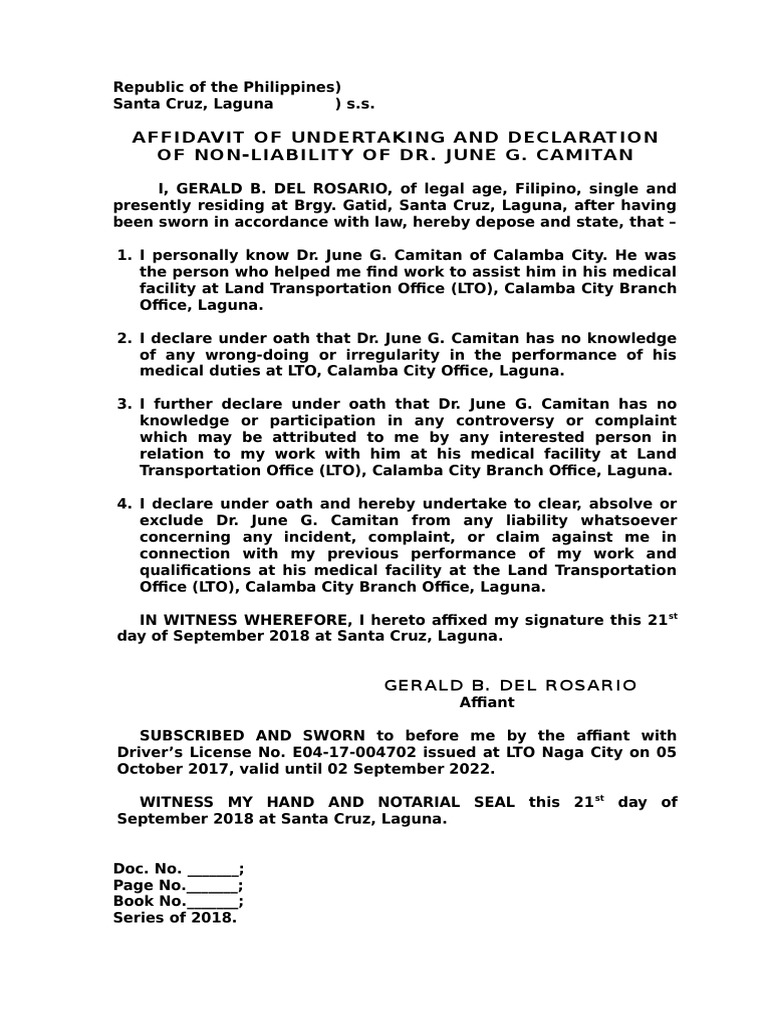 Affidavit Excluding Another Person From Liability | PDF