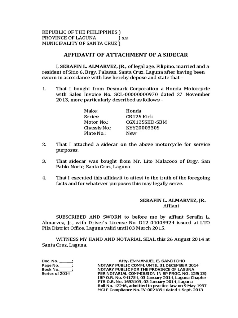 Affidavit of Attachment of Sidecar.docx | Affidavit | Document