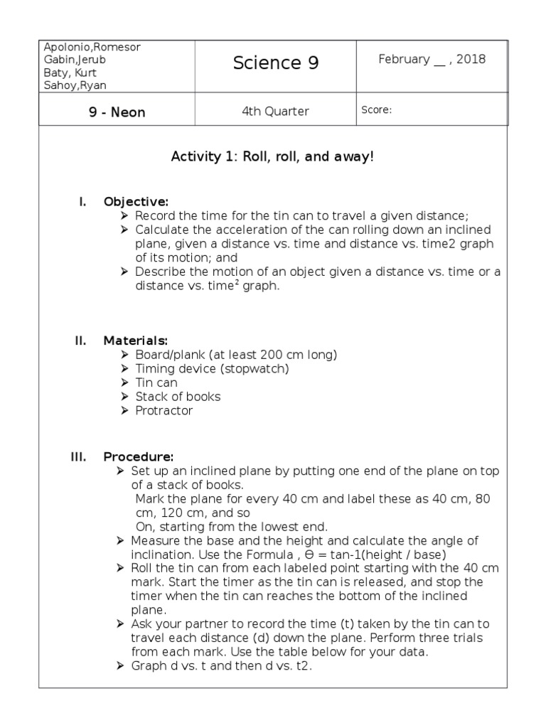 Science 9: 9 - Neon Activity 1: Roll, Roll, and Away! | PDF | Physical ...
