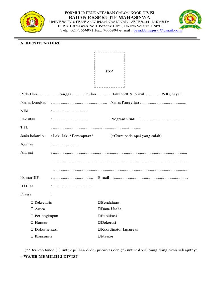 Form Pendaftaran Panitia PKKMB 2019 | PDF