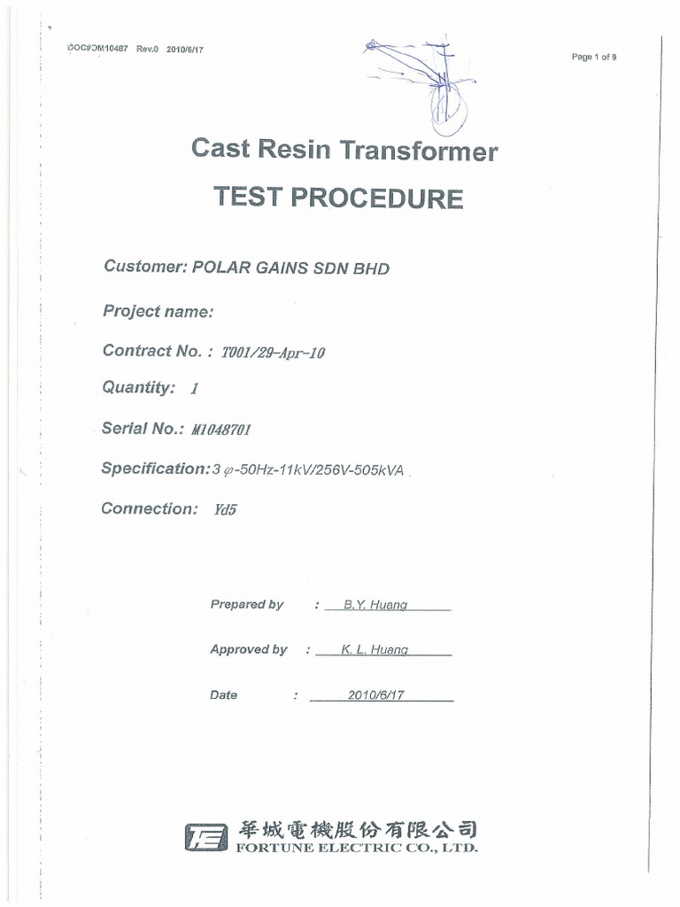 Cast Resin Transformer FAT Procedure | PDF