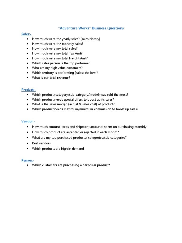 "Adventure Works" Business Questions: Sales | PDF