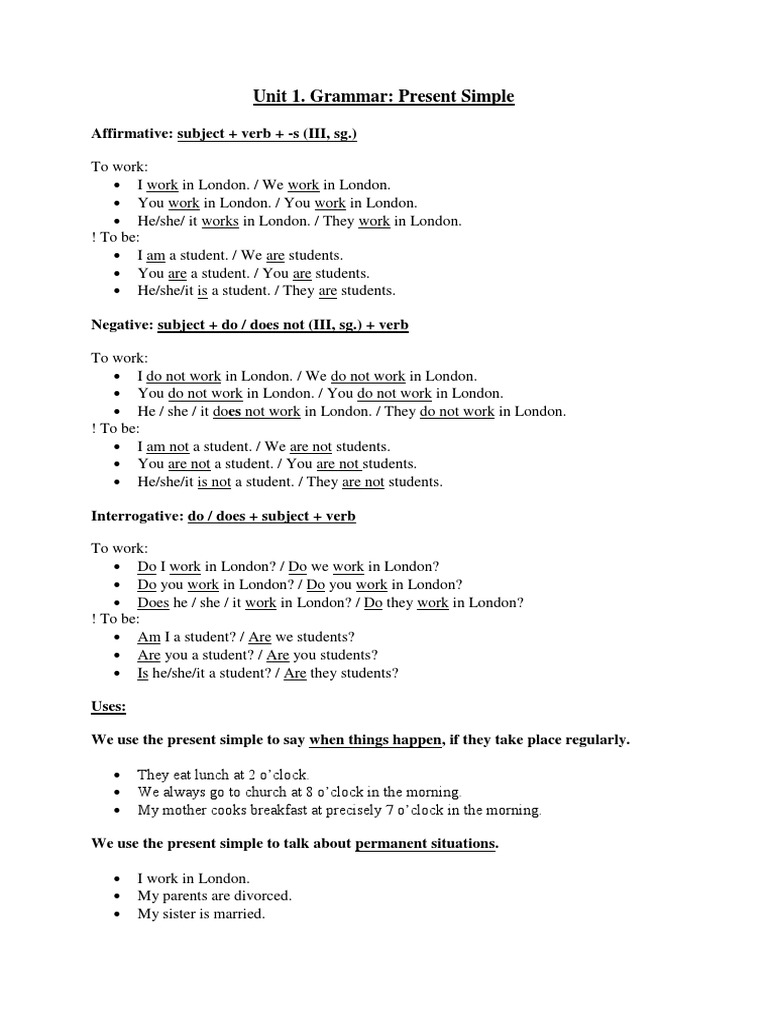Unit 1 Grammar - Present Simple | PDF | Language Mechanics | Syntax
