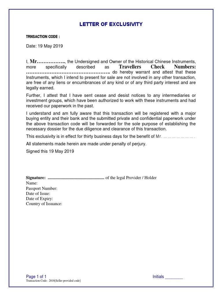 MR .. Travellers Check Numbers: ..: Letter of Exclusivity | PDF | Law
