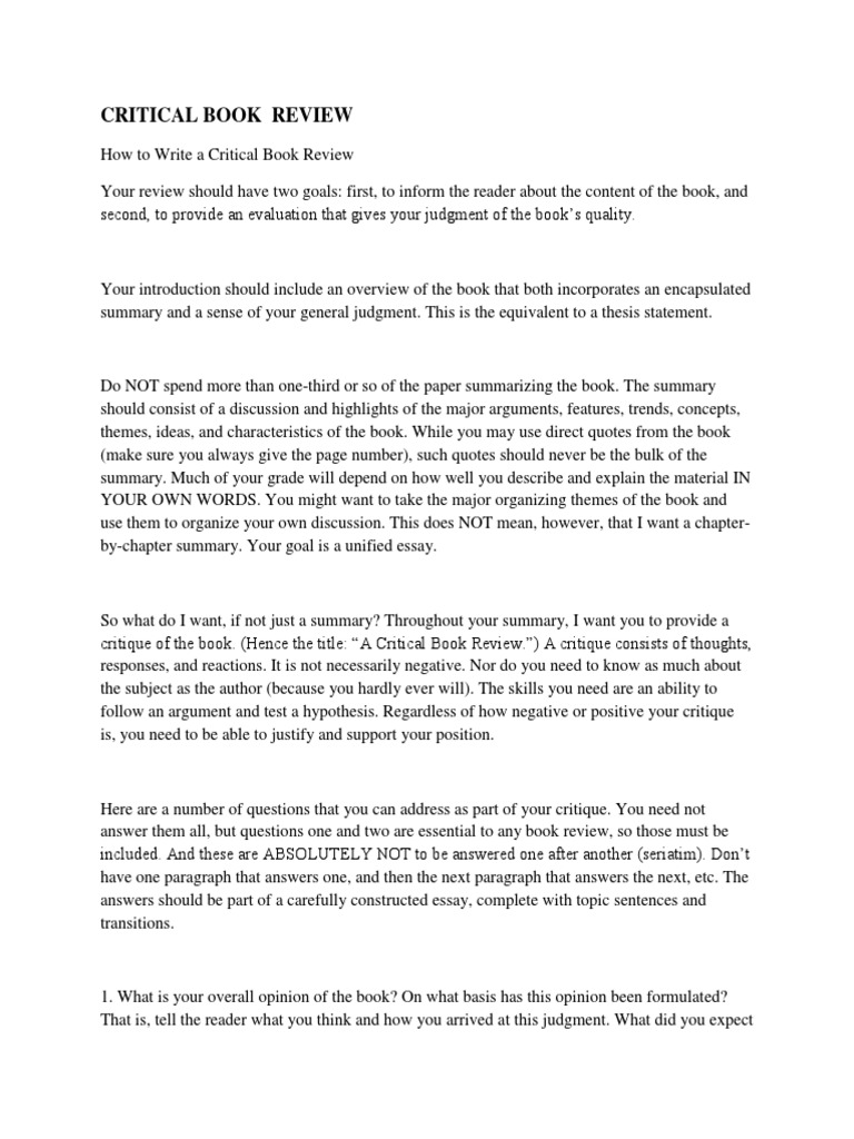 Critical Book Review 1 | PDF | Argument | Question