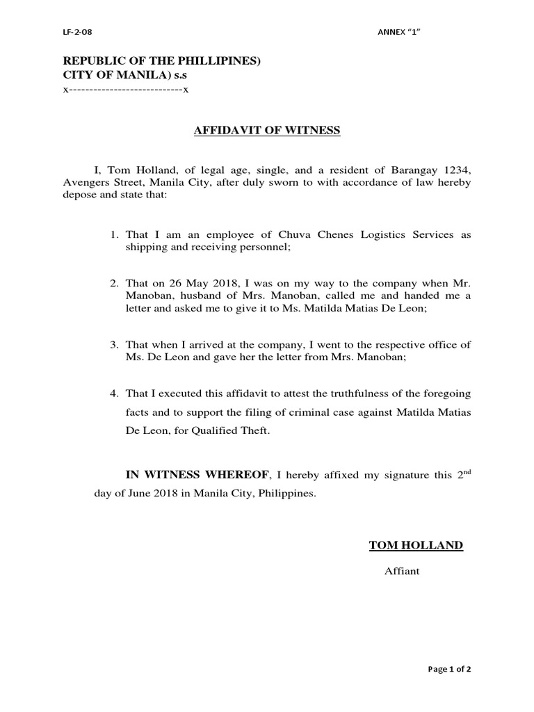 Affidavit of Witness for Theft Case | PDF