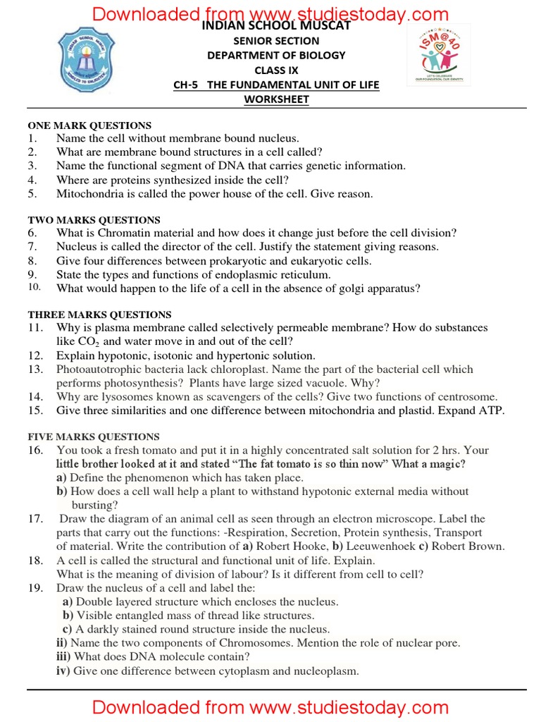 CBSE Class 9 Science Worksheet - Fundamental Unit of Life | PDF | Cell ...