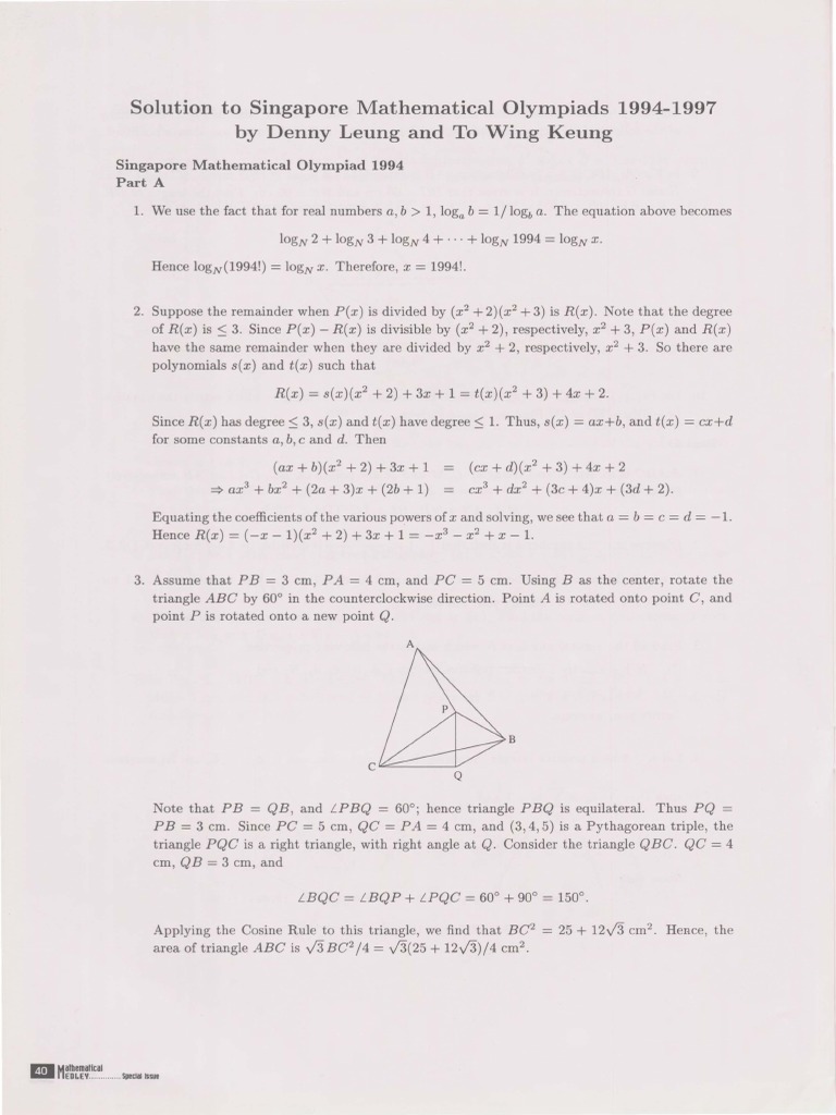 Solutions To The Singapore Mathematical Olympiads 1994-1997 PDF | PDF ...