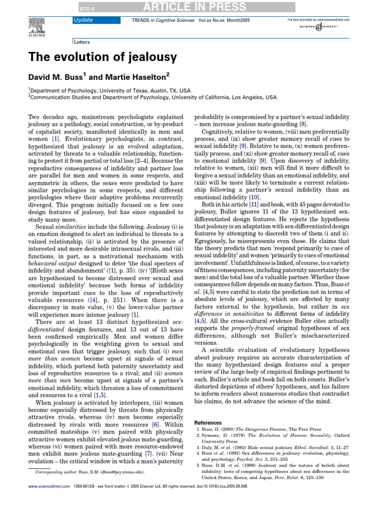 The Evolution of Jealousy: David M. Buss and Martie Haselton | PDF ...
