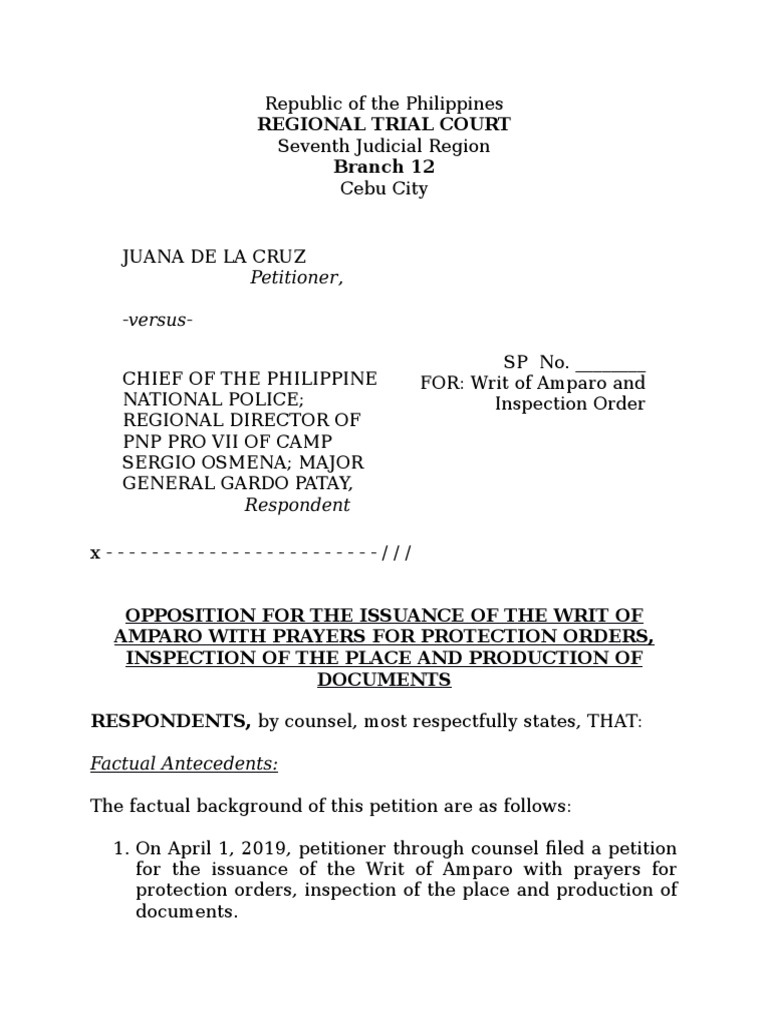 Sample Opposition For Writ of Amparo | PDF | Judiciaries | Common Law