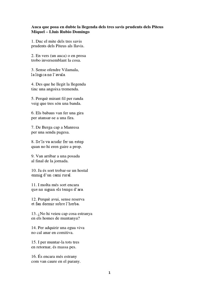 Auca Que Posa en Dubte La Llegenda Dels Tres Savis Prudents Dels Piteus | PDF