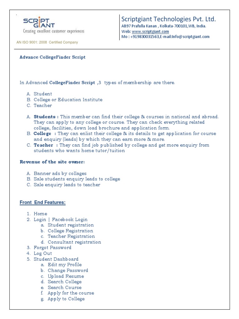 Scriptgiant Technologies Pvt. LTD.: Advance Collegefinder Script | PDF | Facebook | World Wide Web