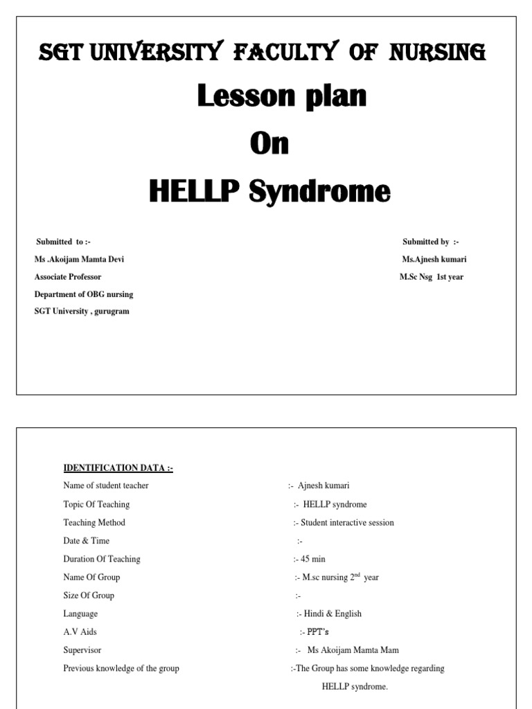 Lesson Plan On HELLP Syndrome: SGT University Faculty of Nursing | PDF ...