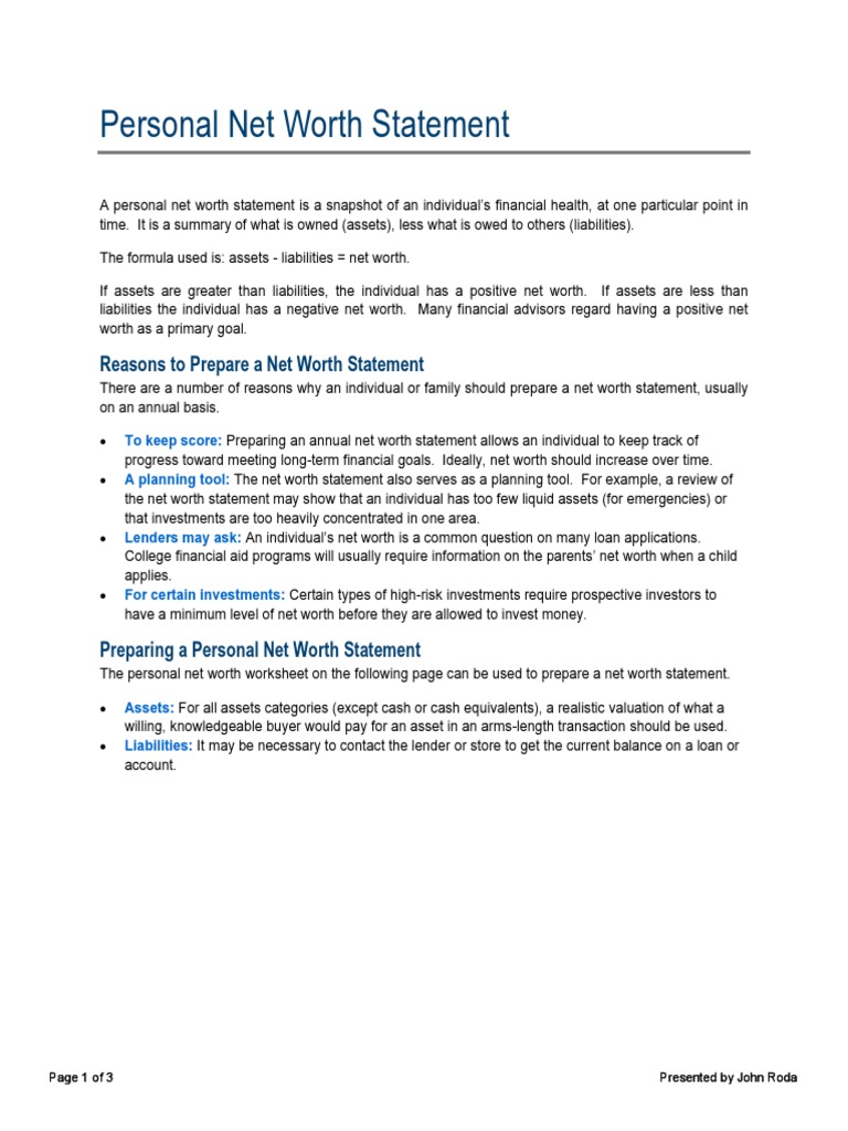 Personal Net Worth Statement | PDF | Loans | Investing