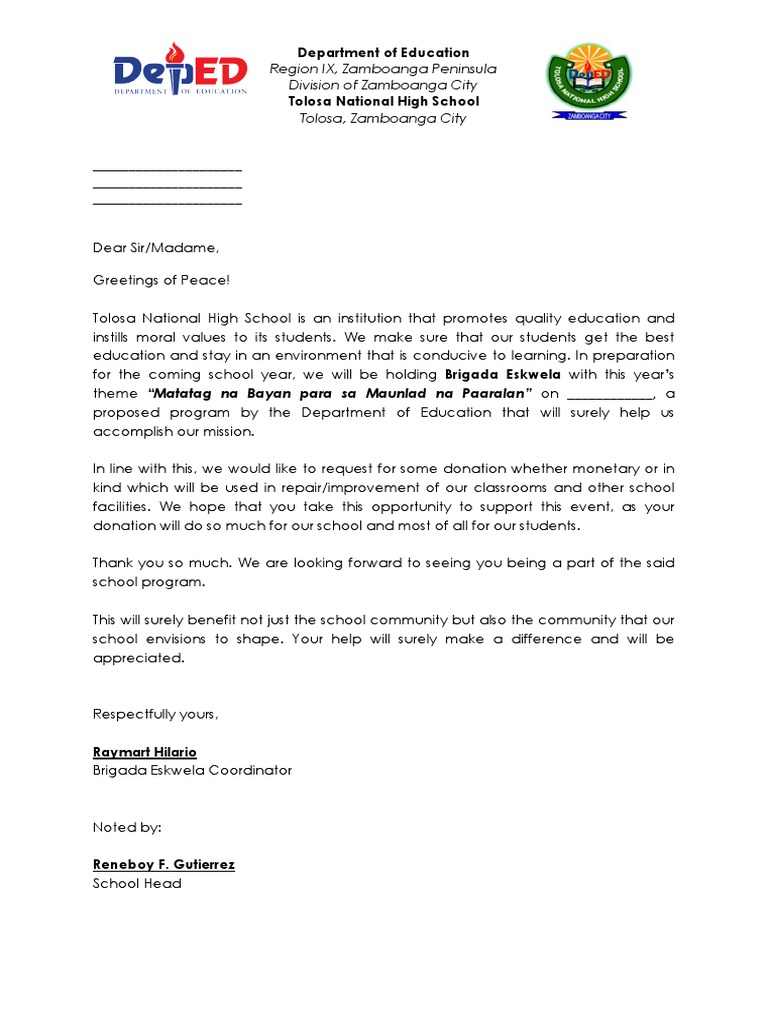 Brigada Eskwela Solicitation Letter | PDF