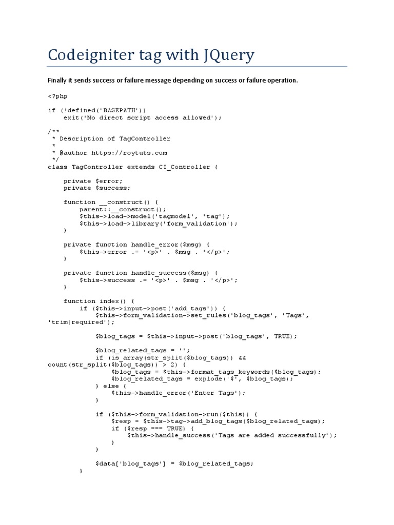 Codeigniter Tag With JQuery | PDF | Php | Software Development