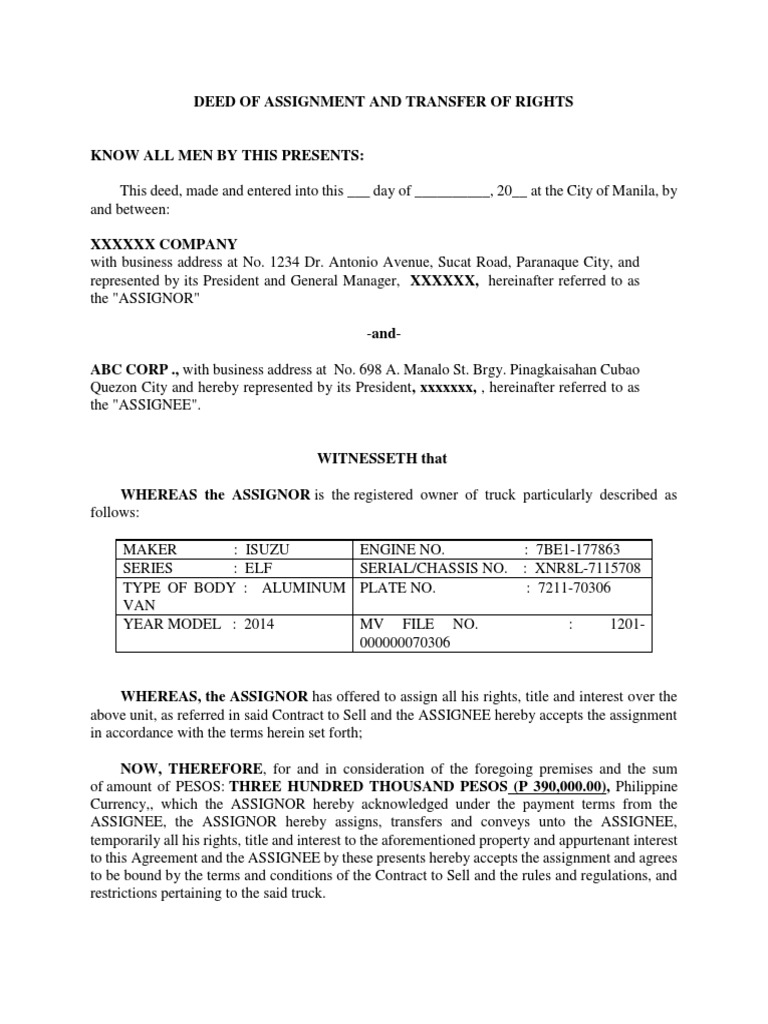 Deed of Transfer With Assignment of Rights of Motor Vehicle ...